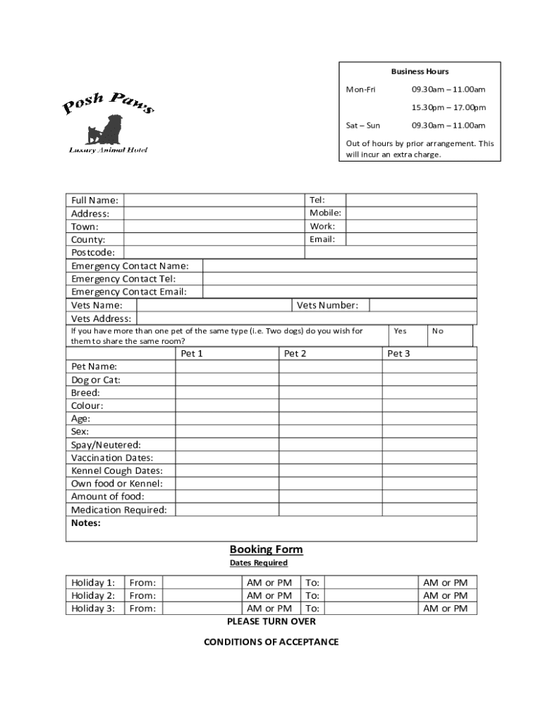 Fillable Online Boarding Kennel Booking Form Fax Email Print - pdfFiller