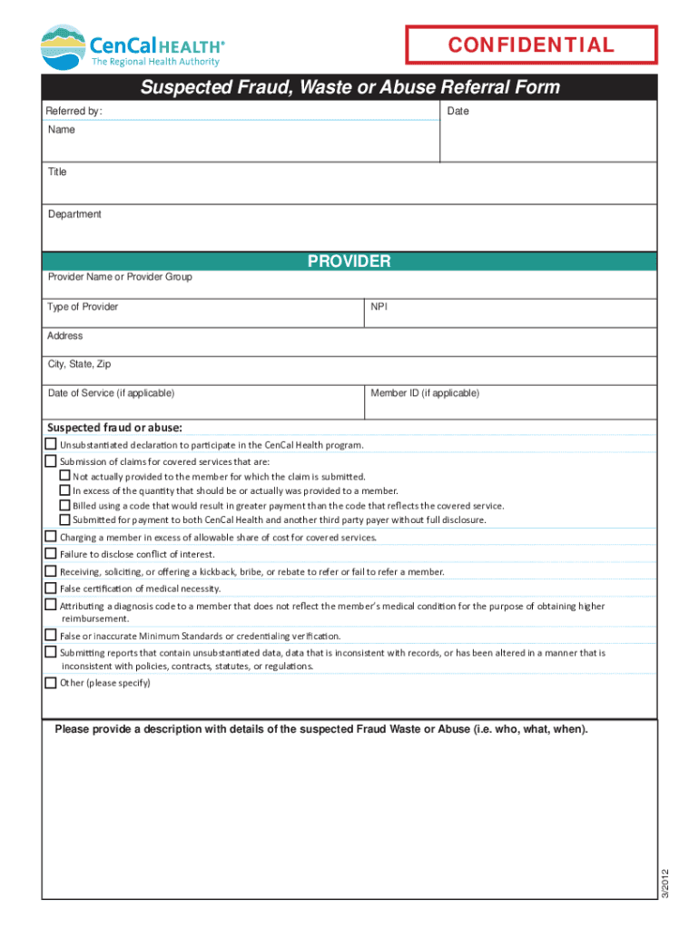 Fillable Online Suspected Fraud or Abuse Referral Form PROVIDER 2012 ...