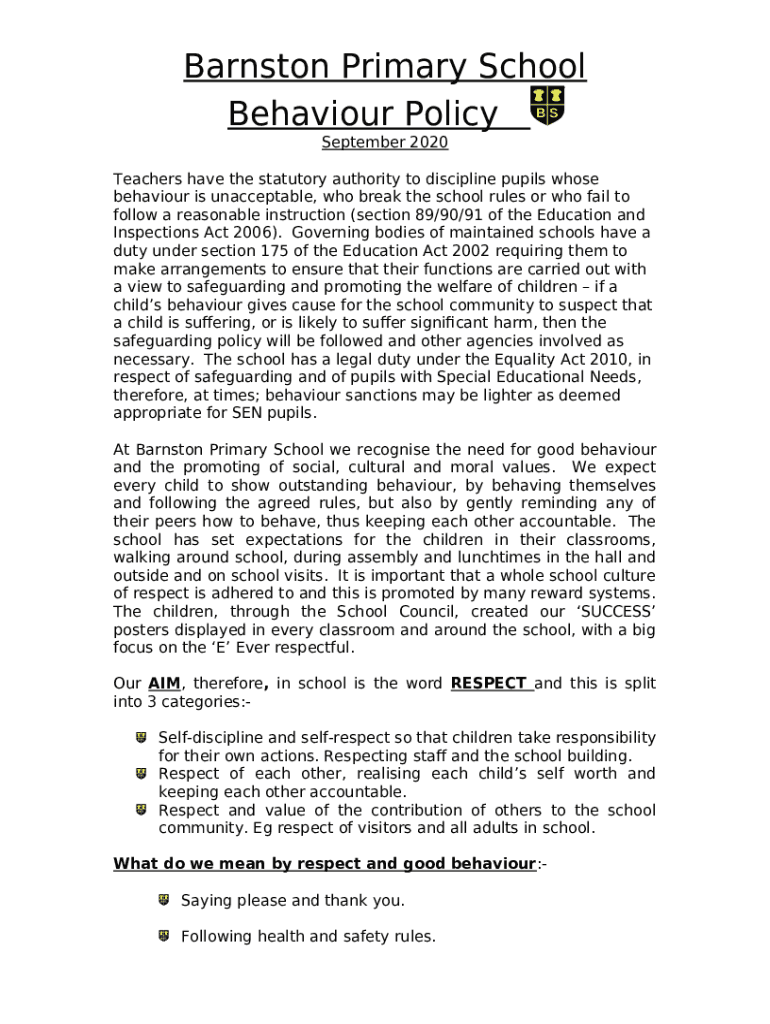 Behaviour and Discipline in Schools Doc Template | pdfFiller
