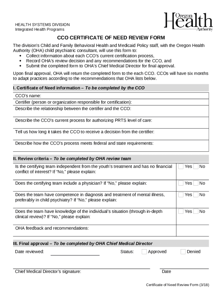 CCO Certificate of Need Review . CCO youth PRTS admission procedures ...