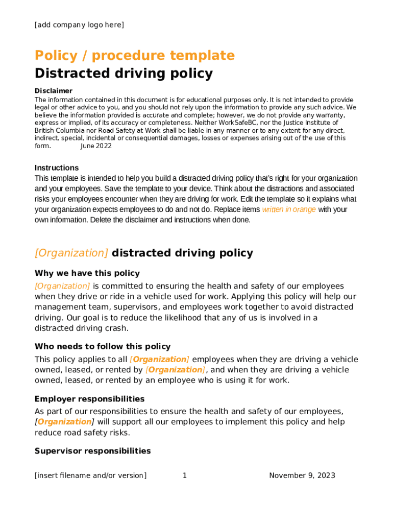 Distracted Driving Policy Template Doc Template | pdfFiller
