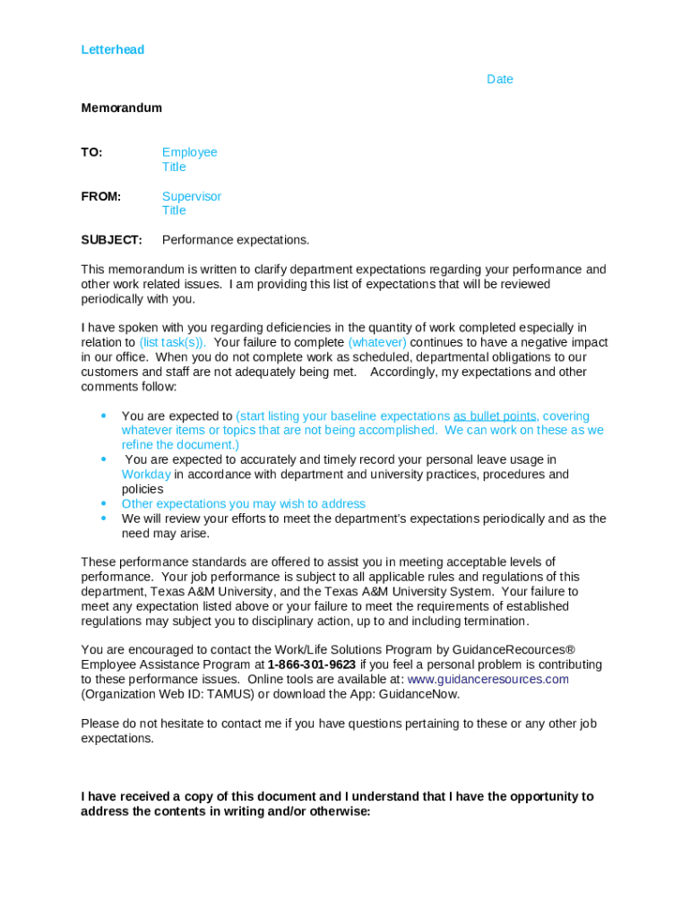 SAMPLE UNIT-WIDE EXPECTATIONS MEMO What Do ... - employees tamu Doc ...