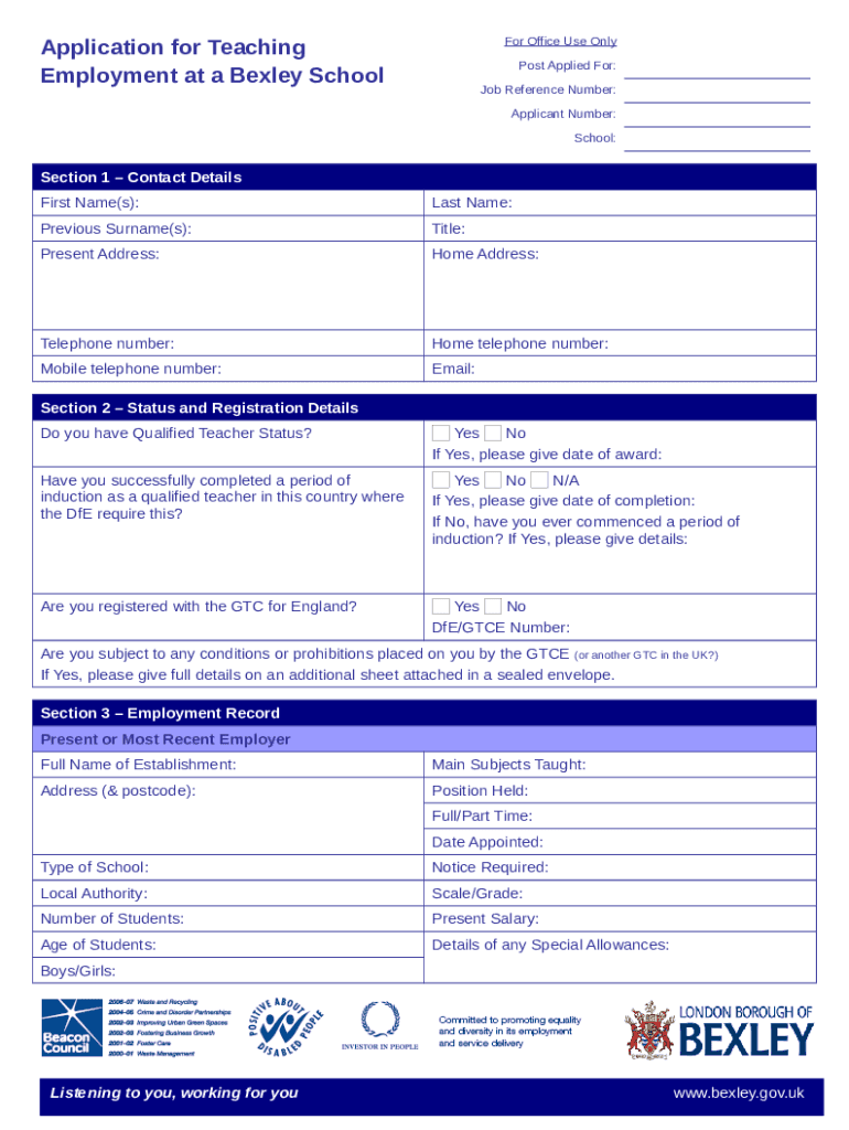 Application for Teaching Employment at a Bexley School Doc Template ...