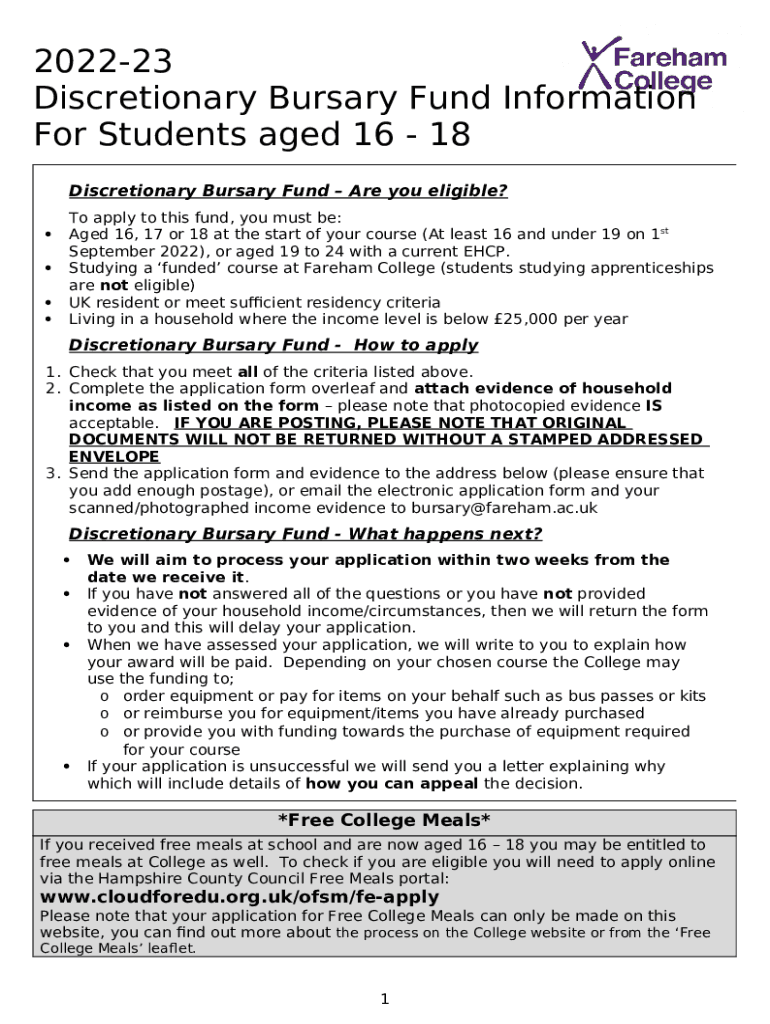 Bursary ination for students aged 16-18 Doc Template | pdfFiller