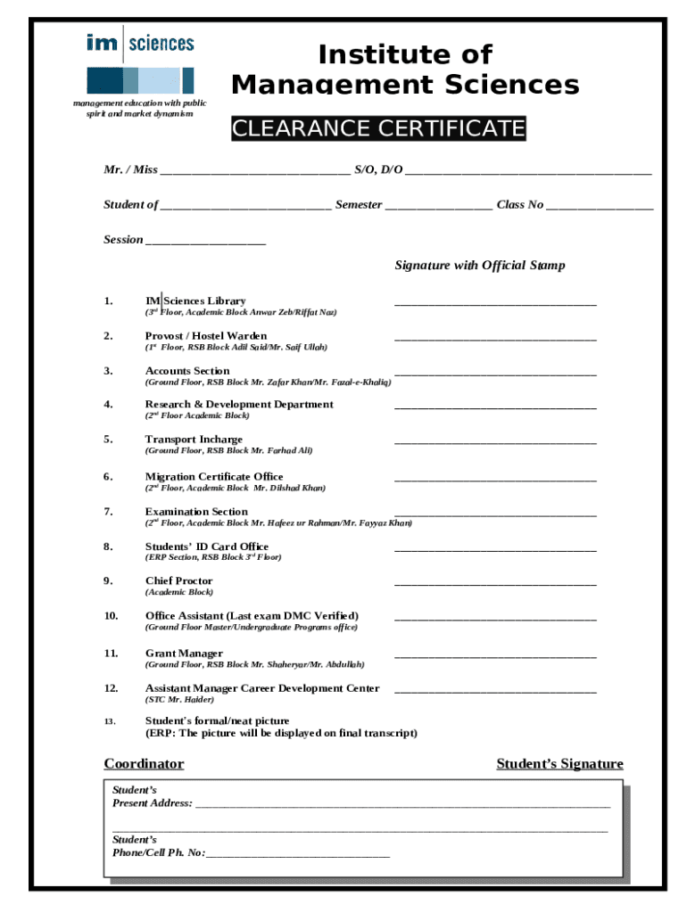 Clearance Certificate - Peshawar - imsciences edu Doc Template | pdfFiller