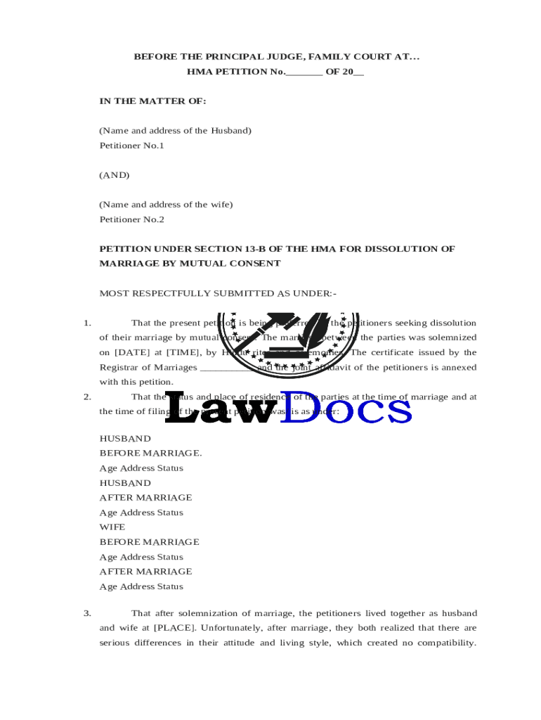 MUTUAL CONSENT DIVORCE PETITION AT ... Doc Template | pdfFiller