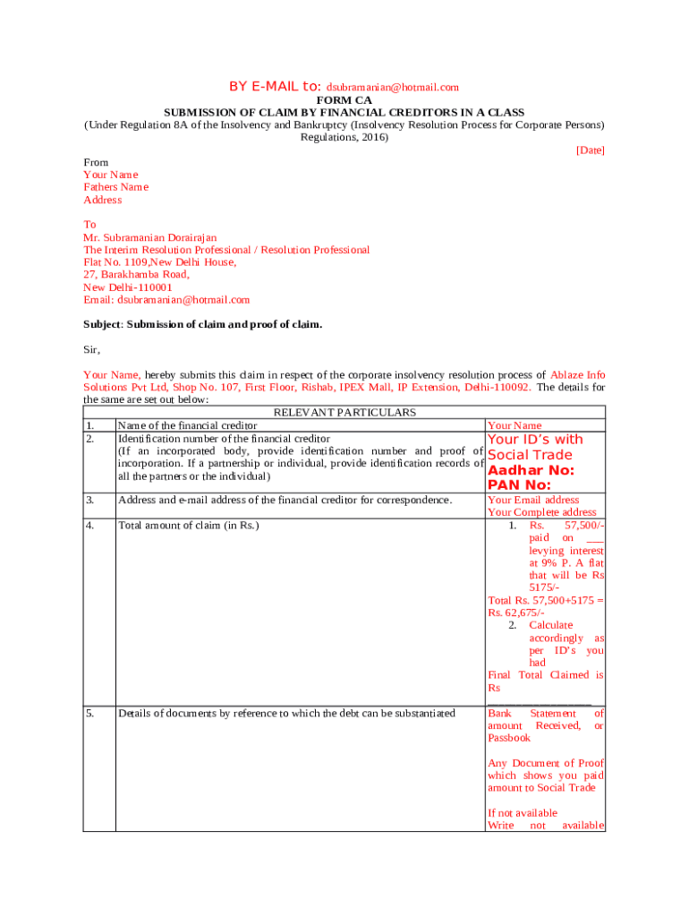 CA Submission of claim by financial creditors in a ... Doc Template ...