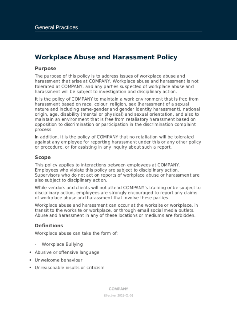Workplace Abuse and Harassment Policy Doc Template | pdfFiller