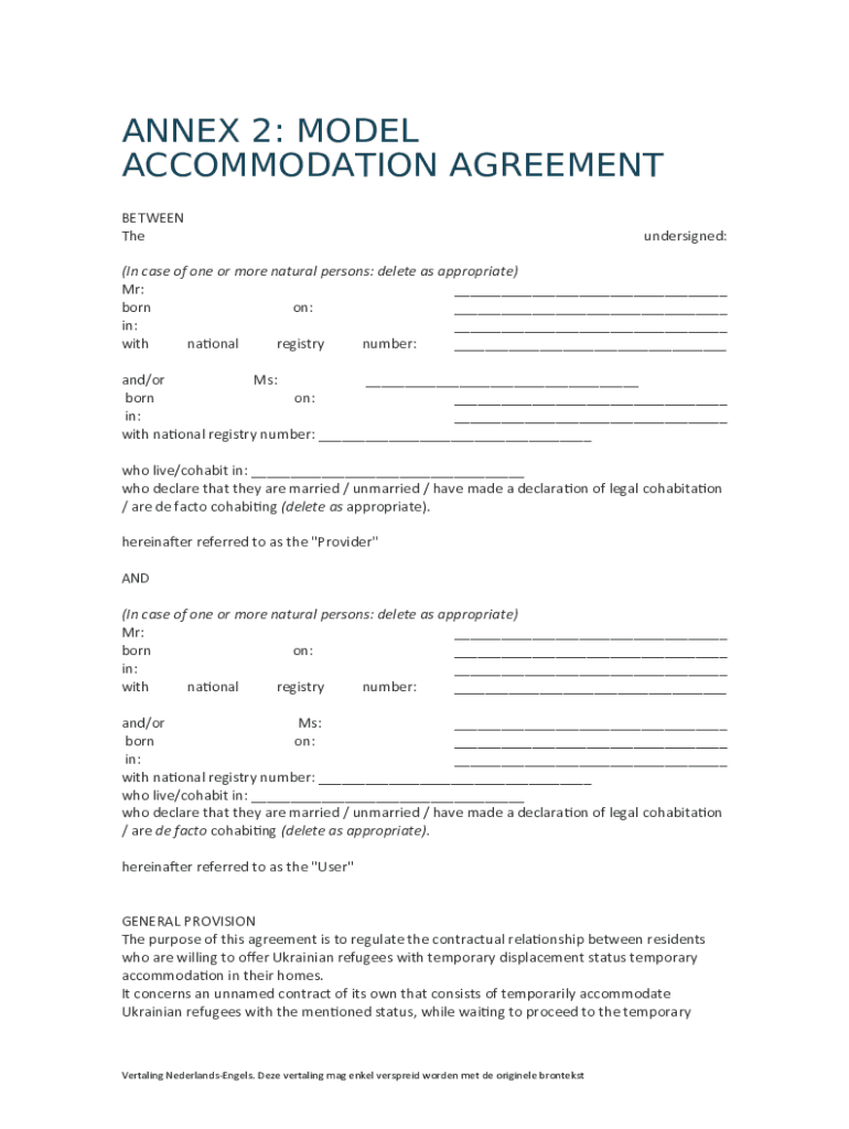 Annex 2: Model ACCOMMODATION AGREEMENT Doc Template | pdfFiller
