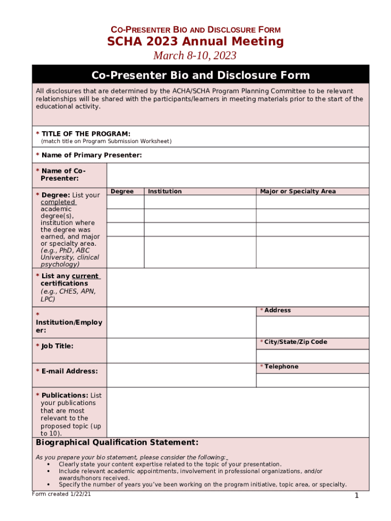 Co-Presenter Bio and Disclosure MS Word Doc Template | pdfFiller
