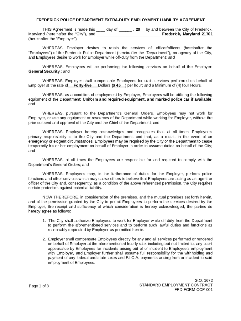 FREDERICK POLICE DEPARTMENT EXTRA-DUTY EMPLOYMENT LIABILITY AGREEMENT ...