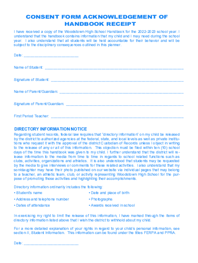 Fillable Online 2022-2023 Handbook Acknowledgement Form Fax Email Print ...