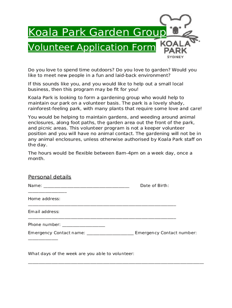 Koala Park Garden Group Volunteer Application Doc Template | pdfFiller