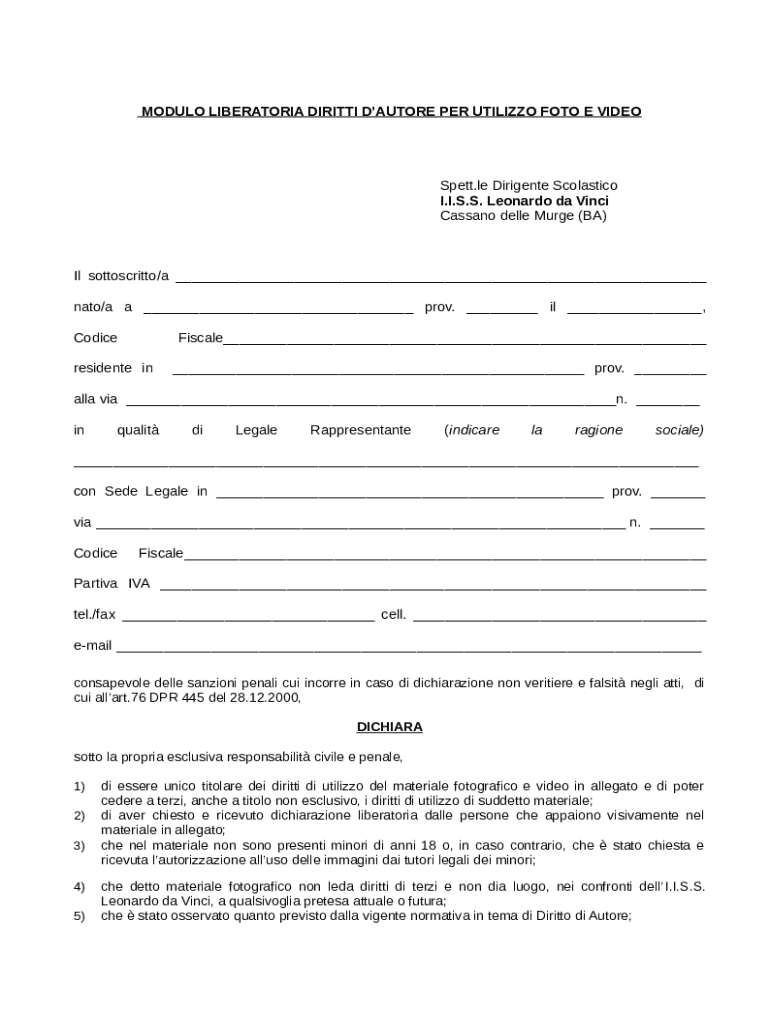LIBERATORIA DIRITTI AUTORE FOTO E VIDEO.doc Doc Template | pdfFiller
