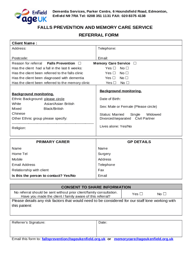 Falls/Frailty/Memory Referrals Doc Template | pdfFiller