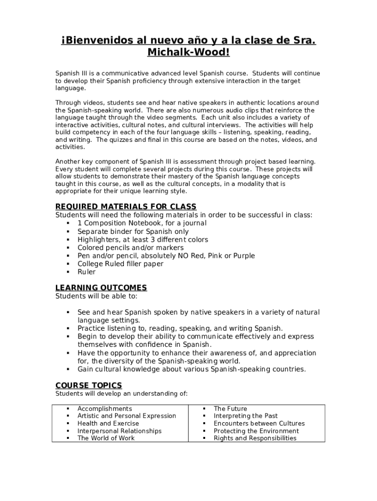 Bienvenidos al nuevo ao y a la clase de Sra Doc Template | pdfFiller