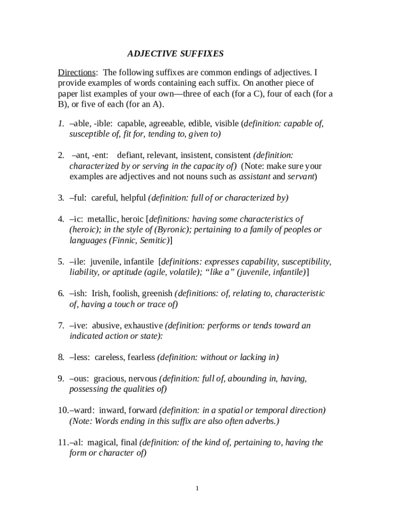 Word Adjectives and Adverbs / Prefixes and Suffixes Doc Template ...