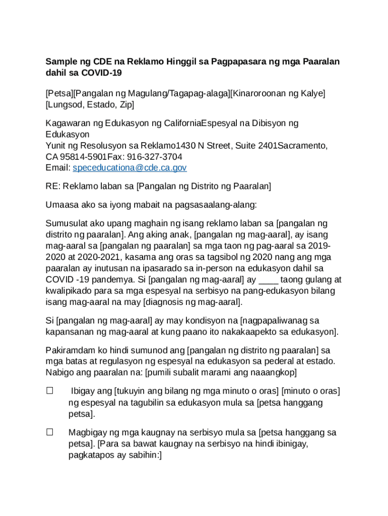 Template para sa Reklamo ng CDE Tungkol sa COVID-19 ... Doc Template ...