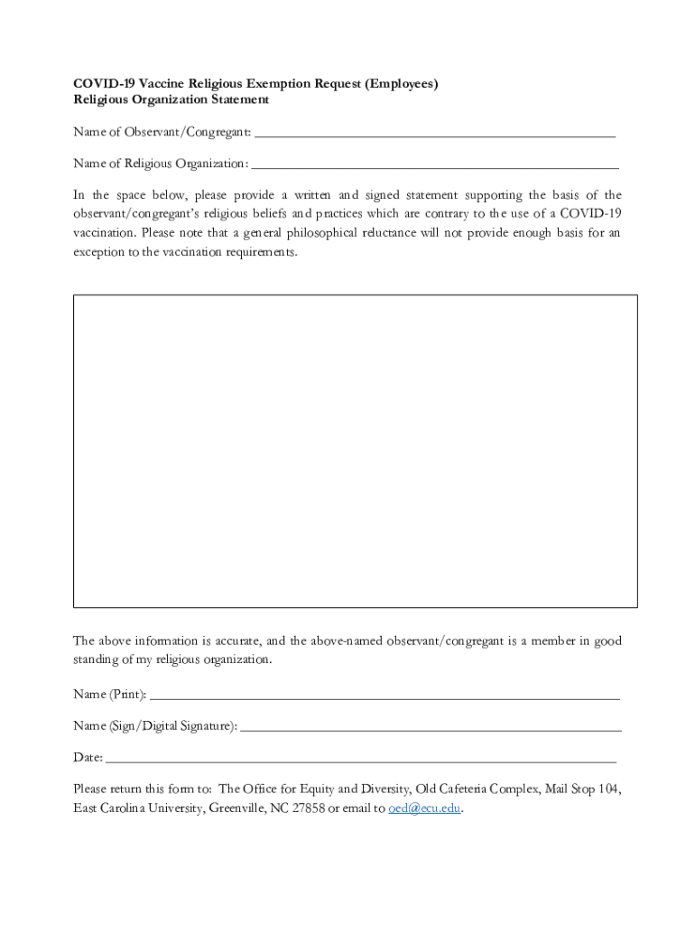 COVID-19 Vaccine Religious Exemption Request (Employees): Fill out ...