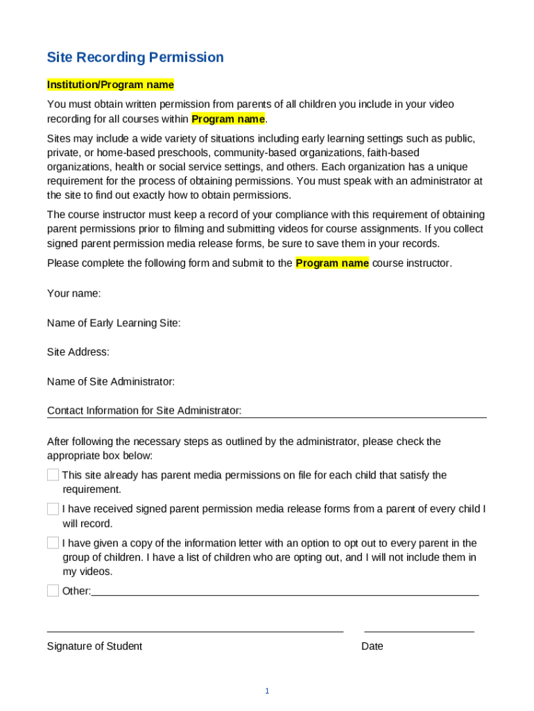 Site Recording Permission - depts washington Doc Template | pdfFiller