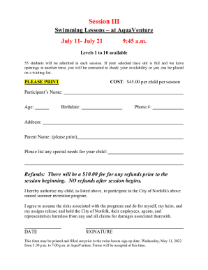 Fillable Online Swim Lessons Sign Up Form Fax Email Print - pdfFiller