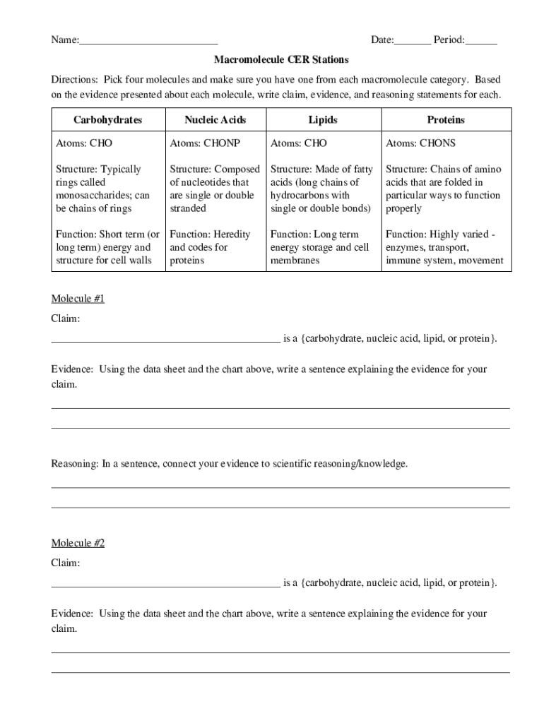 Fillable Online Macromolecule CER Stations Directions: Pick four ...