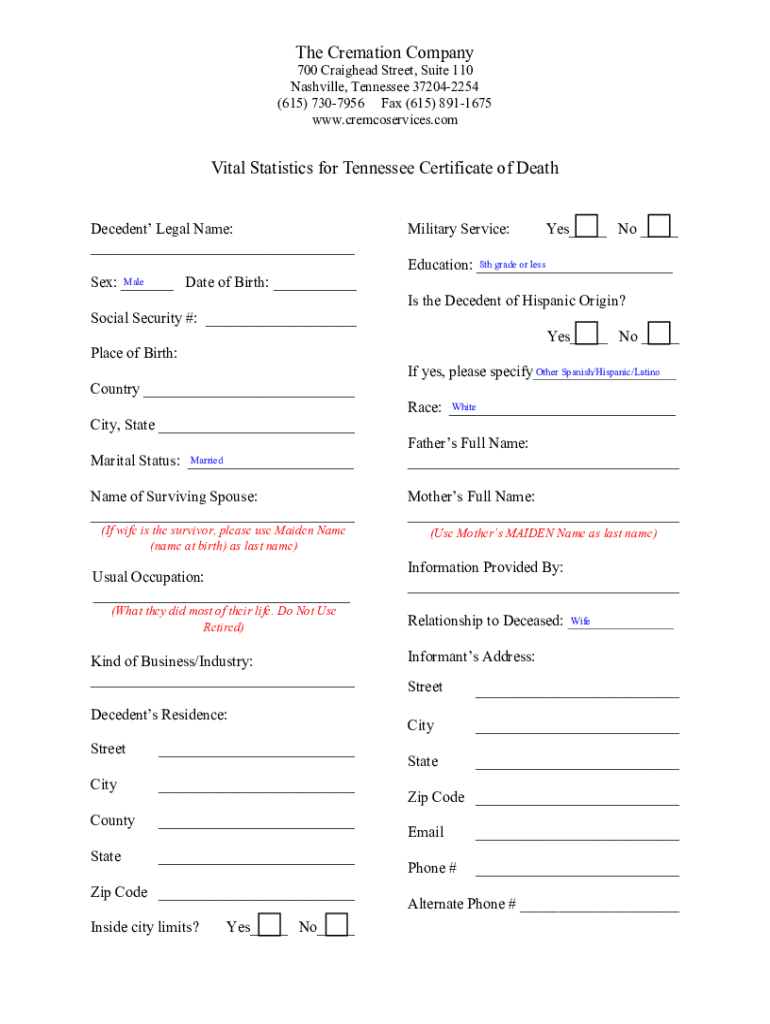 Fillable Online Vital Statistics for Tennessee Certificate of Death Fax ...