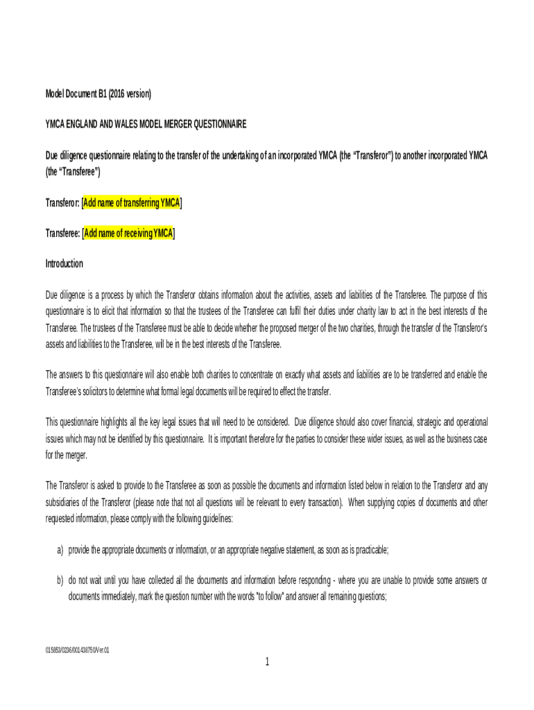 Merger Due Diligence Questionnaire Doc Template | pdfFiller