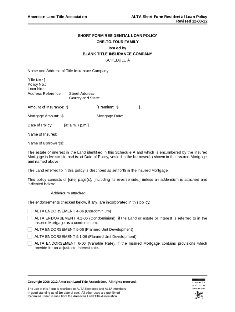 ALTA Short Residential Loan Policy - Current ... Doc Template | pdfFiller