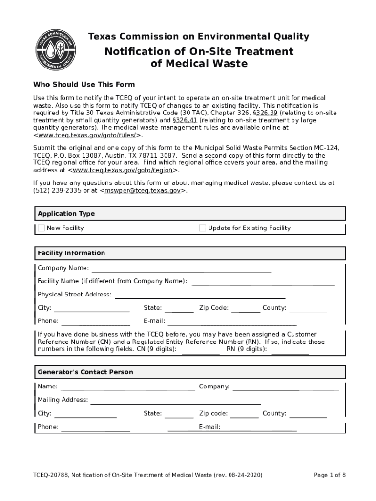 TCEQ-20788, Notification of On-Site Treatment of Medical Waste. Medical ...