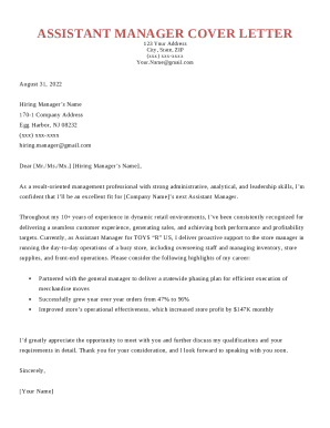Assistant Manager Cover Letter Example and Template for ... Doc ...