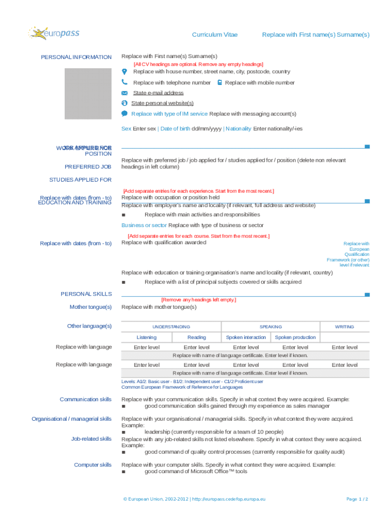 Ecv template en - Appunti 2 - Curriculum Vitae PERSONAL ... Doc Template | pdfFiller