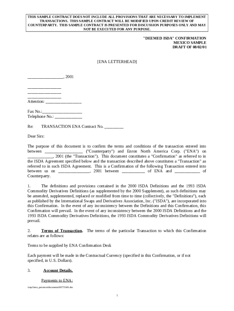 DEEMED ISDA CONFIRMATION - Open Test Set Doc Template | pdfFiller