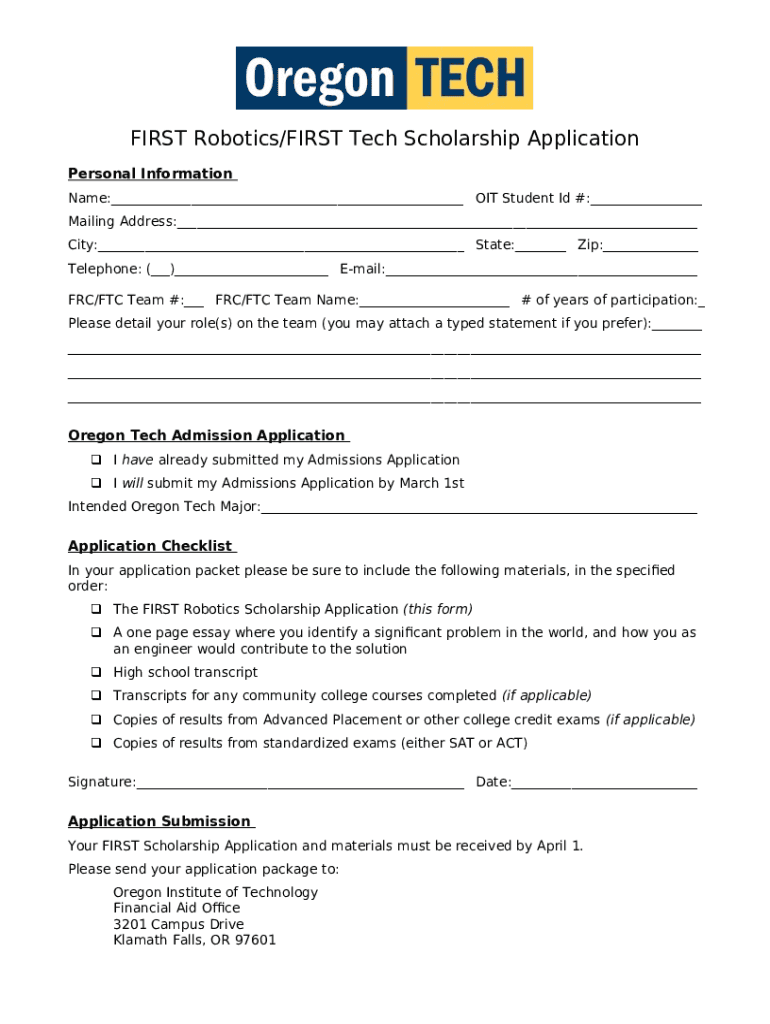Online ltu First Robotics Scholarship Application Doc Template | pdfFiller