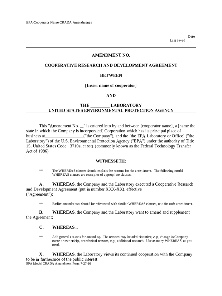 EPA Model CRADA Amendment Doc Template | pdfFiller