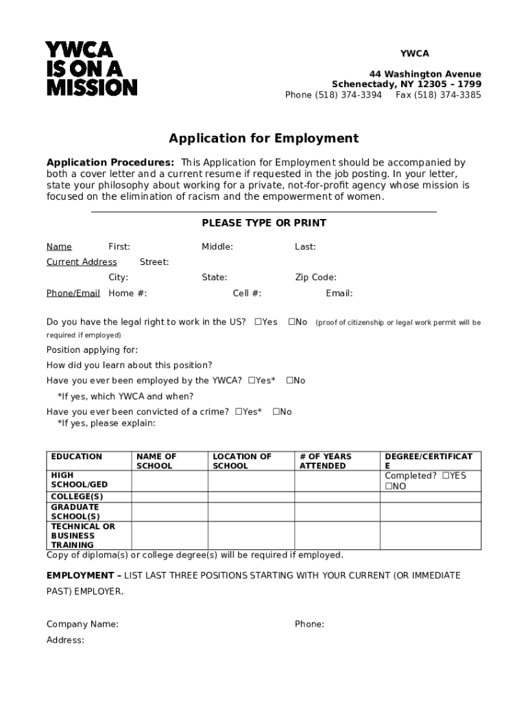 Application For EmploymentYWCA NorthEastern New York Doc Template ...