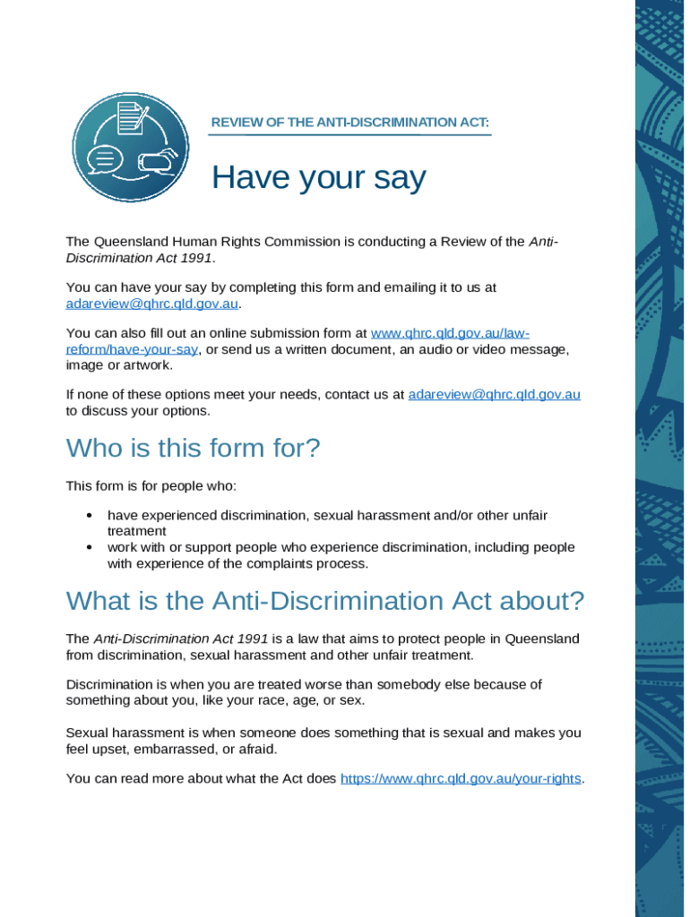 Our review of Queensland's Anti-Discrimination Act Doc Template | pdfFiller
