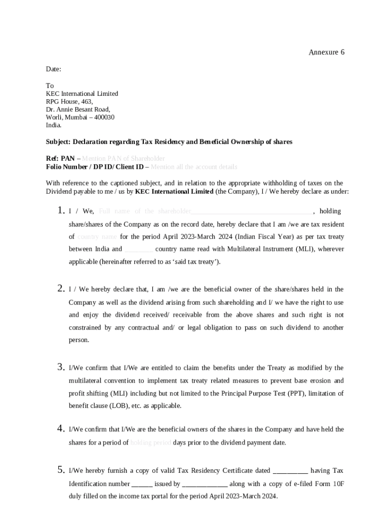 Annexure 3- Declaration of category of Resident Shareholder Doc Template | pdfFiller