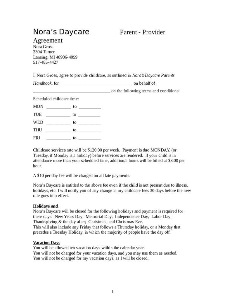 Nora's DaycareParent - Provider Agreement Doc Template | pdfFiller