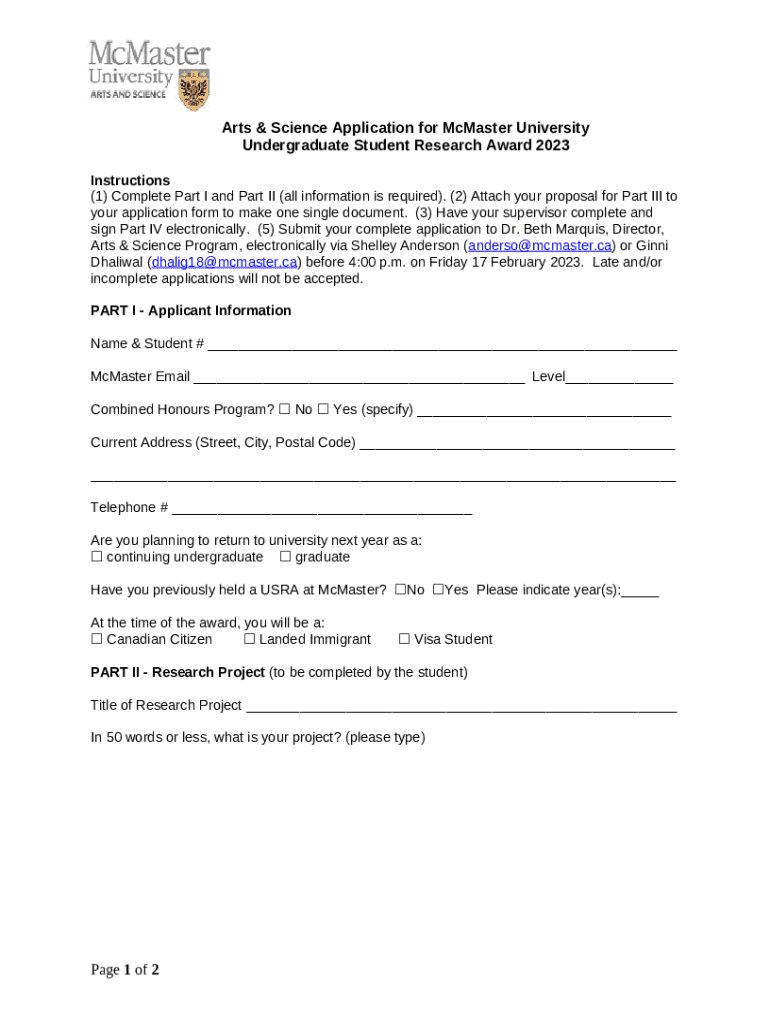 2023 USRA Application - Arts & Science Program - artsci mcmaster Doc ...