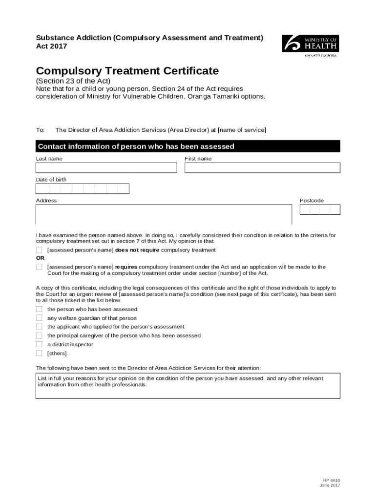 Compulsory Treatment Certificate Doc Template | pdfFiller