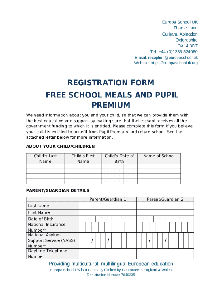 REGISTRATION FREE SCHOOL MEALS AND ... Doc Template | pdfFiller