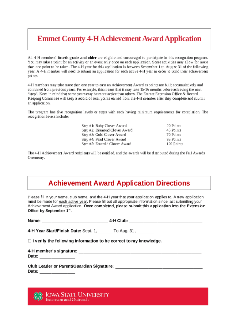 Emmet County 4-H Achievement Award Application Doc Template | pdfFiller