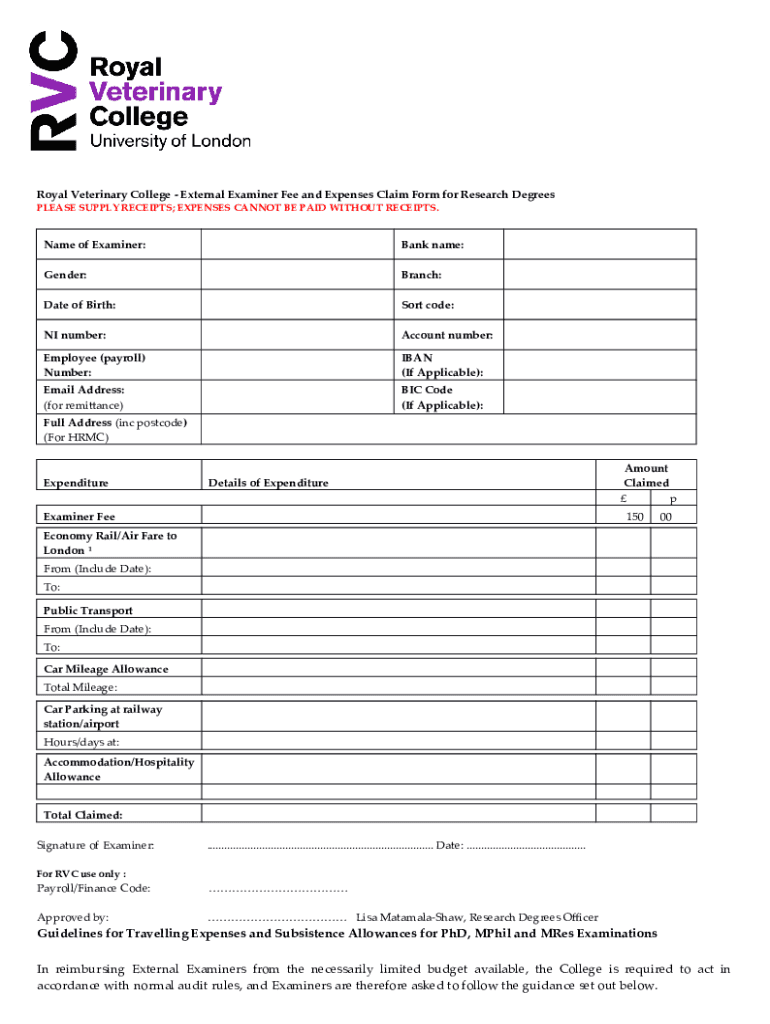 External Examiners Expense Claim Doc Template | pdfFiller