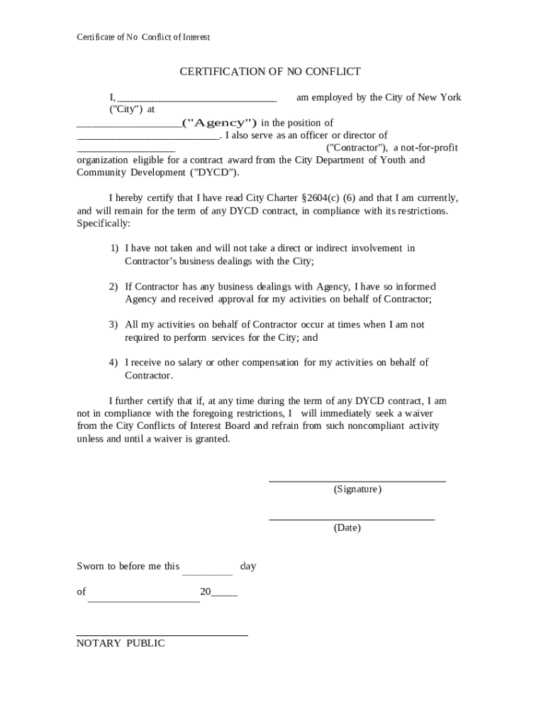 Certificate of No Conflict Doc Template | pdfFiller