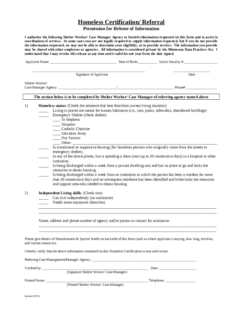 Homeless Certification/ Referral Doc Template | pdfFiller