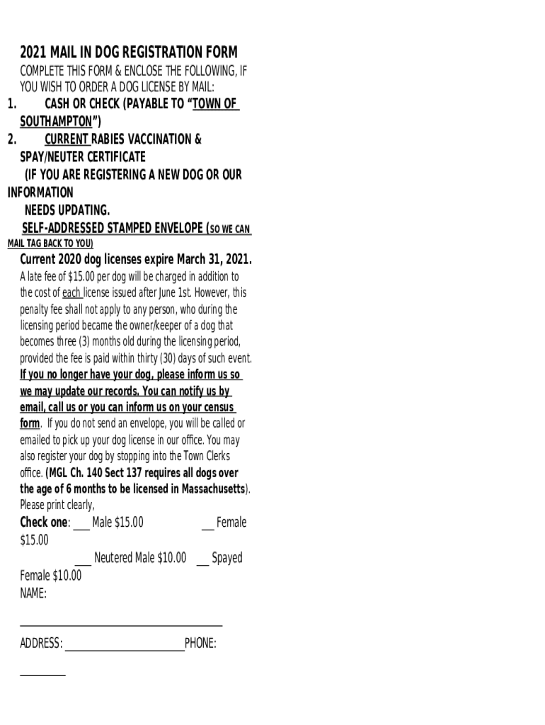 2021 mail in dog registration Doc Template | pdfFiller
