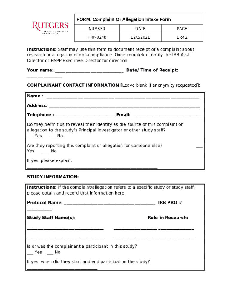 (HRP-024b) Complaint Or Allegation Intake - research rutgers Doc ...