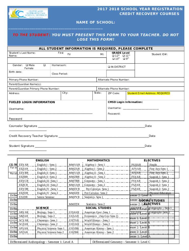 CMSD SUMMER SCHOOL REGISTRATION Doc Template | pdfFiller