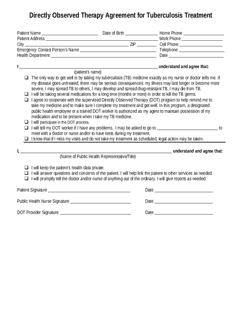 DIRECTLY OBSERVED THERAPY (DOT) AGREEMENT ... Doc Template | pdfFiller
